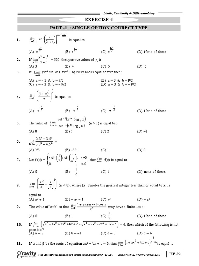 Limits, Continuity & Derivative Exercise + ANS KEY | PDF | Function ...
