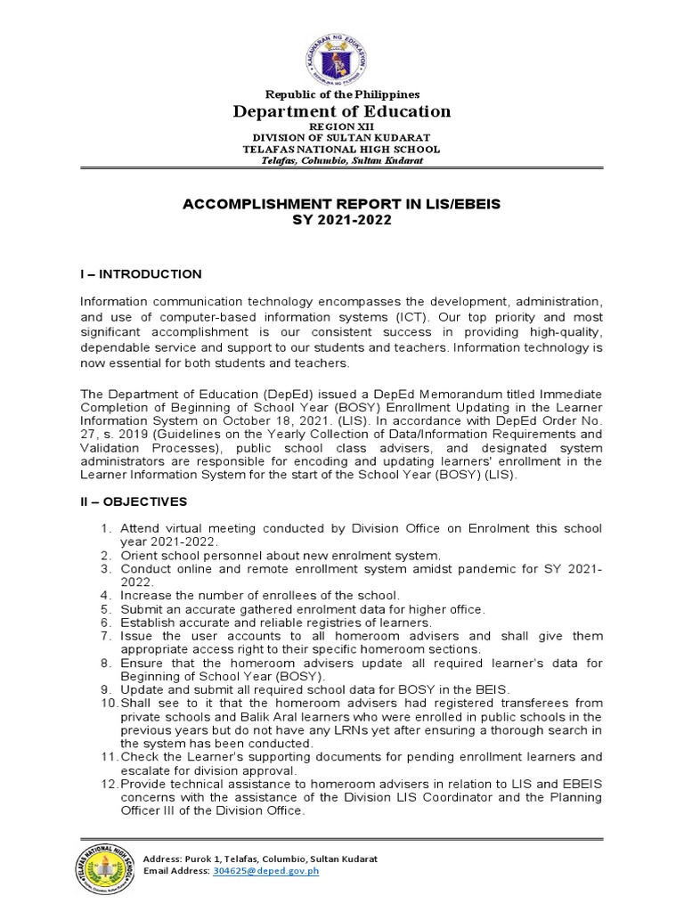 LIS/EBEIS Accomplishment Report SY 2021-2022 | PDF | Communication ...