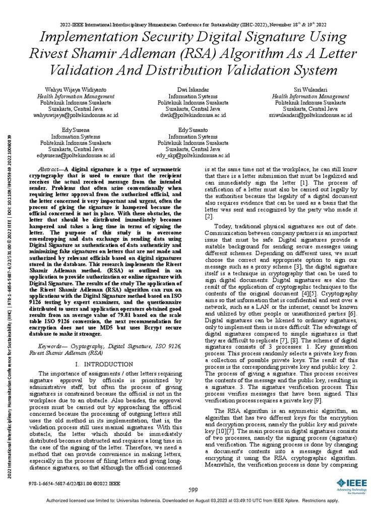 Implementation Security Digital Signature Using Rivest Shamir Adleman RSA Algorithm As A Letter ...