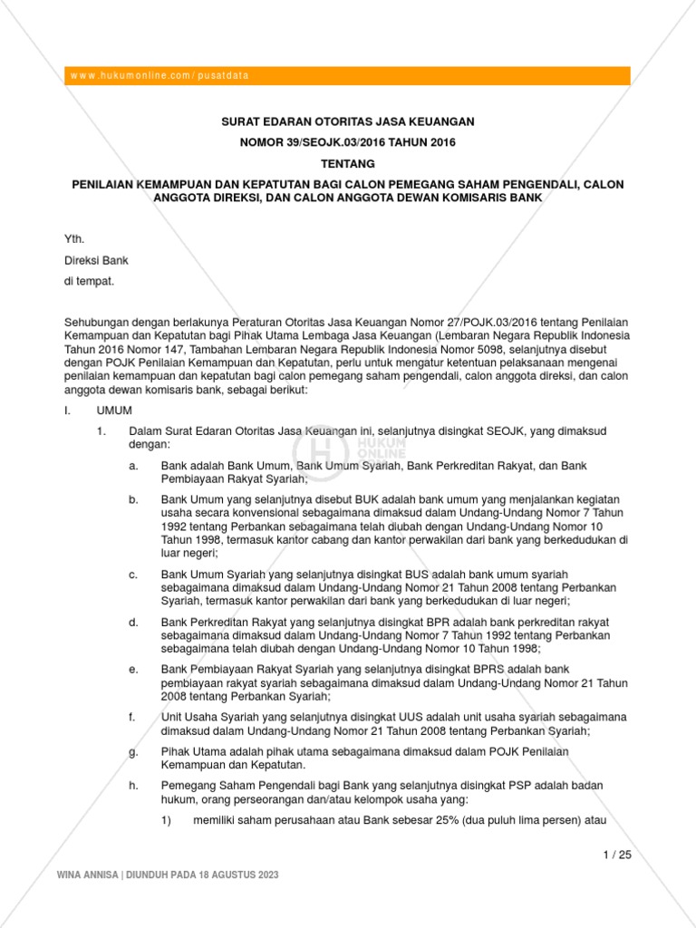 Surat Edaran Otoritas Jasa Keuangan No.39 - SEOJK.03 - 2016 Tahun 2016-Hukumonline | PDF