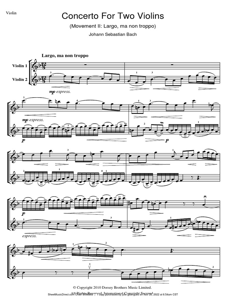Concerto 2 Violons Re Min Bach 1041 Largo | PDF