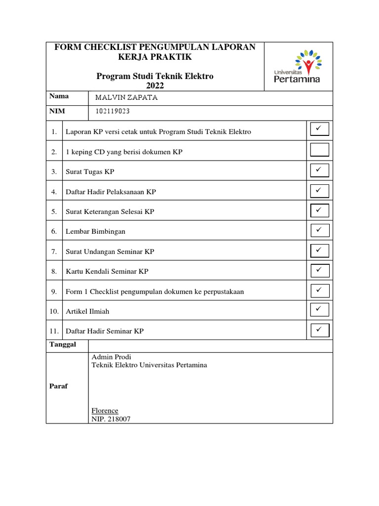 Form Checklist Pengumpulan Dokumen KP - Ibrahim - 102119033 | PDF