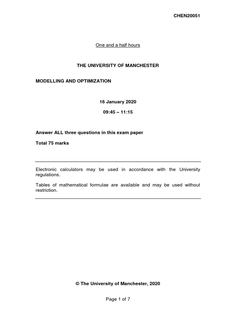 CHEN20051 Modelling and Optimization Final | PDF | Mathematical Optimization | Chemical Engineering