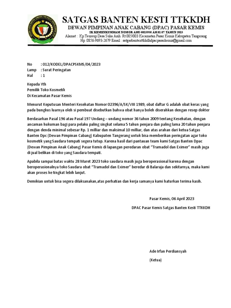 Surat Peringatan Obat Dpac Pasar Kemis | PDF