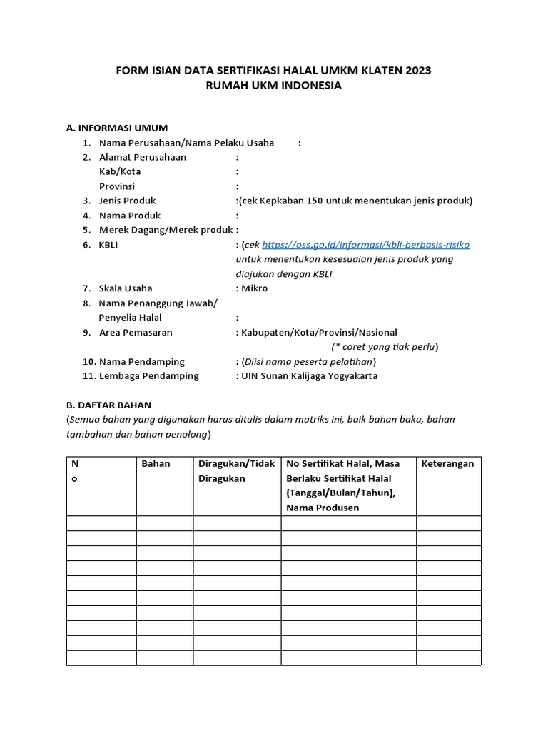Form Isian Data Sertifikasi Halal Umkm Klaten 2023 | PDF