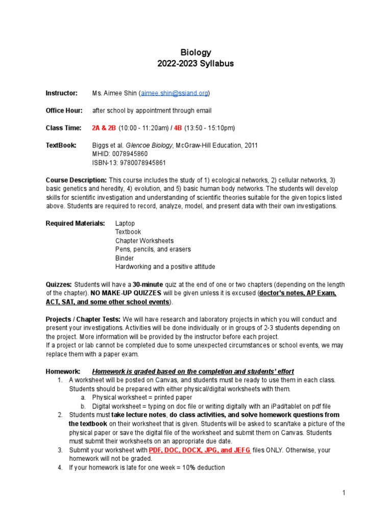 Biology 2022-2023 Syllabus | PDF | Genetics | Heredity