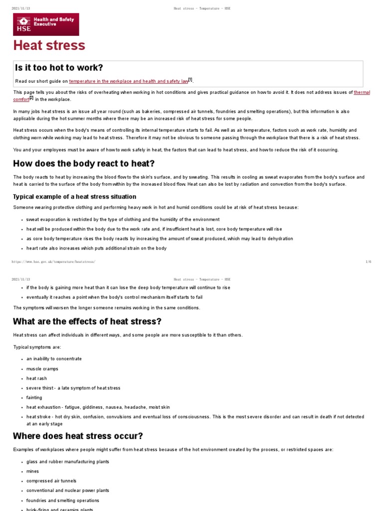Heat Stress - Temperature - HSE | PDF | Hyperthermia | Personal ...