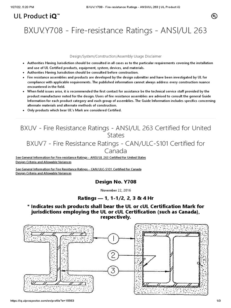 BXUV.Y708 - Fire-Resistance Ratings - ANSI - UL 263 - UL Product IQ For ...