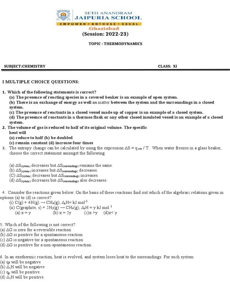 Class Xi CH-6 Question Bank | PDF | Chemical Reactions | Quantity Class Xi CH-6 Question Bank | PDF | Chemical Reactions | Quantity