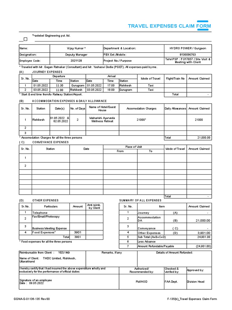 F-135 - Travel Expenses Claim Form - RS | PDF | Service Industries