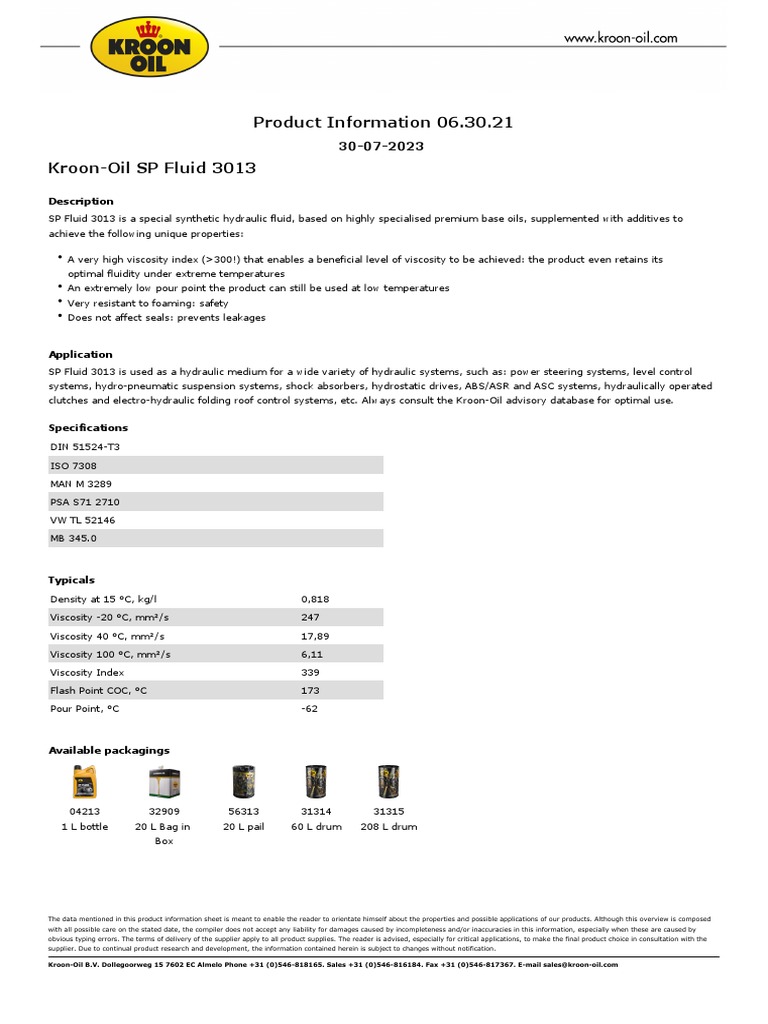 PI 063021 Kroon Oil SP Fluid 3013 EN | PDF | Viscosity | Mechanical ...