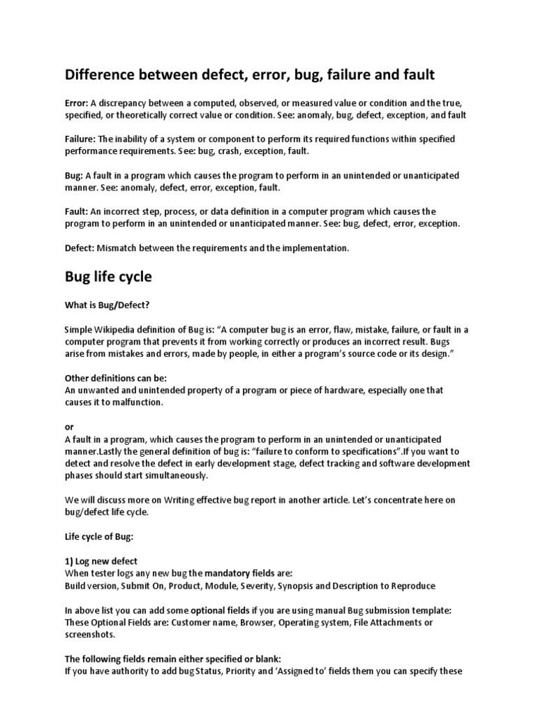 Difference Between Defect, Error, Bug, Failure and Fault | PDF ...