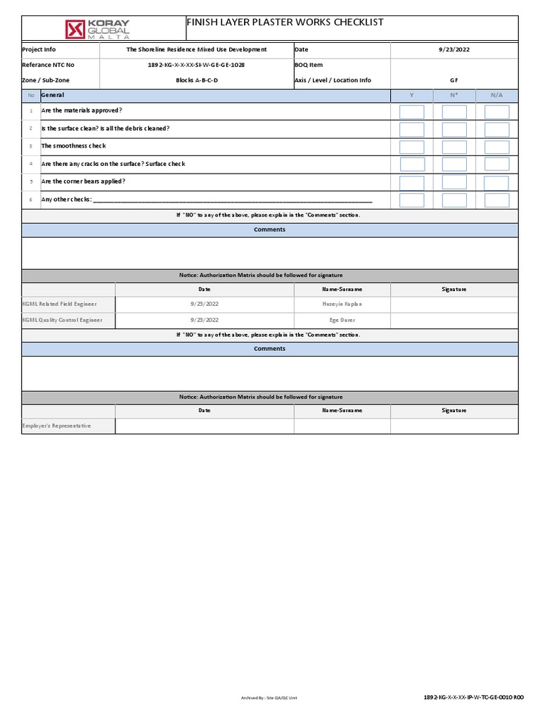 Finish Layer Plaster Works Checklist | PDF | Materials | Building ...