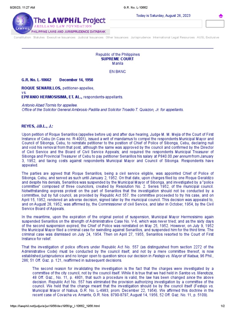 Senarillos v. Hermosisima, G.R. No. L-10662, (December 14, 1956), 100 PHIL 501-505 | PDF ...