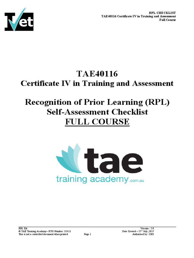 TAE Training Academy RPL Checklist Full Course | PDF | Behavior ...