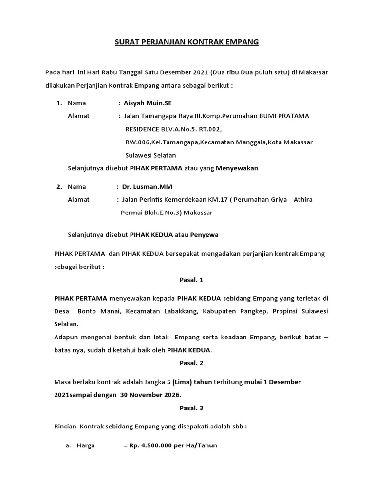 Perjanjian Kontrak Sewa Empang | PDF