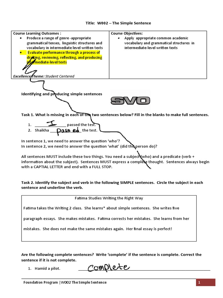 Simple Sentences - Worksheet 1 | PDF | Subject (Grammar) | Sentence ...