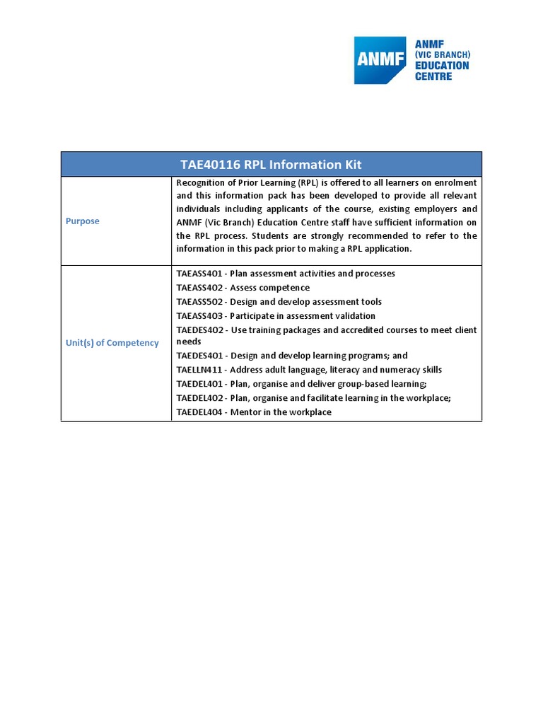 TAE40116 RPL Information Pack v20 | PDF | Nursing