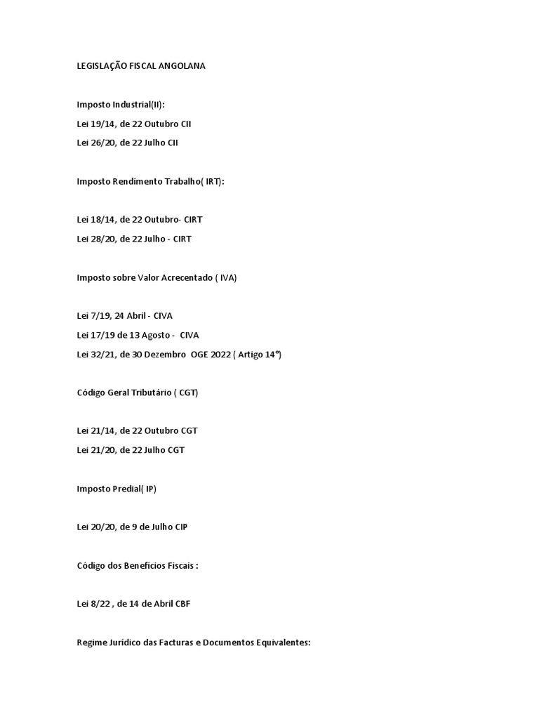 Legislação Fiscal Angolana | PDF