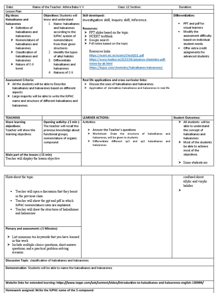 Haloalkanes and Haloarenes LP1 | PDF | Learning | Cognition