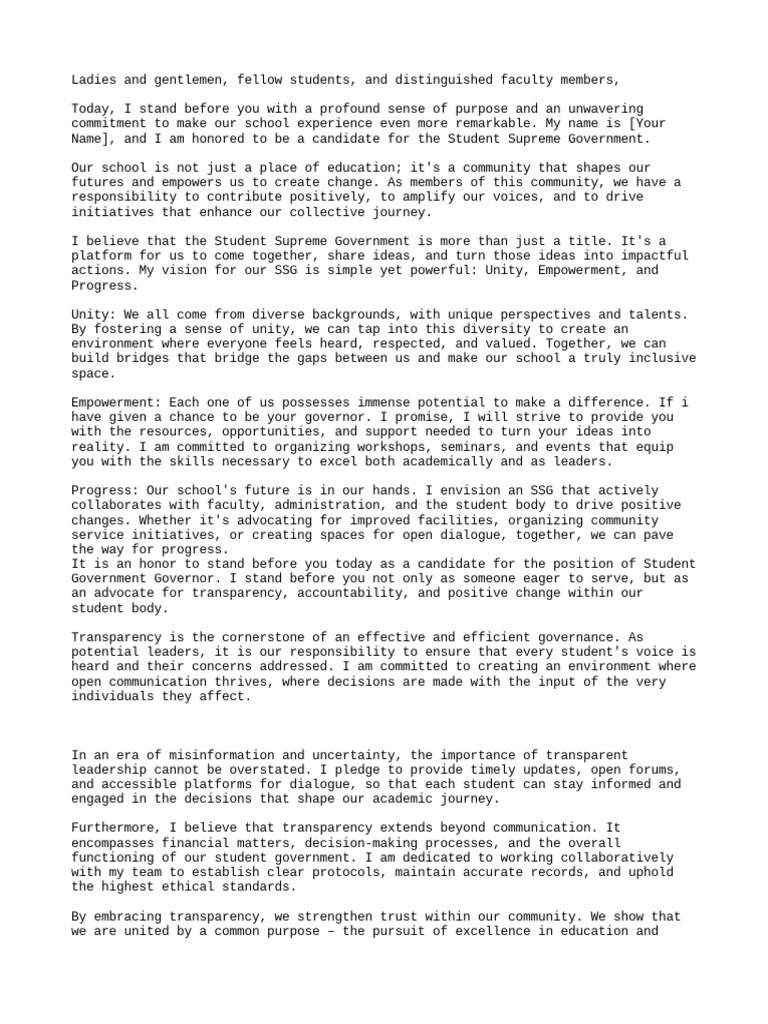 Speech For Candidacy | PDF | Transparency (Behavior) | Governance