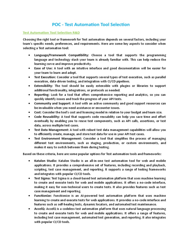 Poc Test Automation Tool Selection Pdf Selenium Software Software Testing