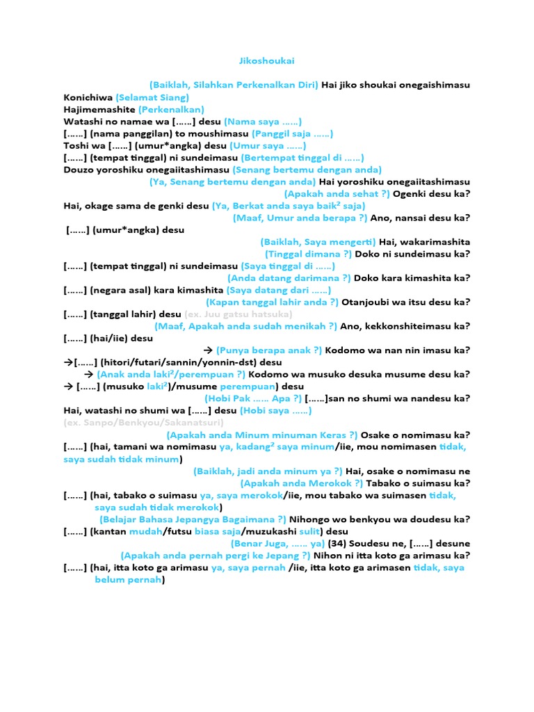 Contoh Jikoshoukai untuk Wawancara | PDF | Seni & Disiplin Bahasa ...