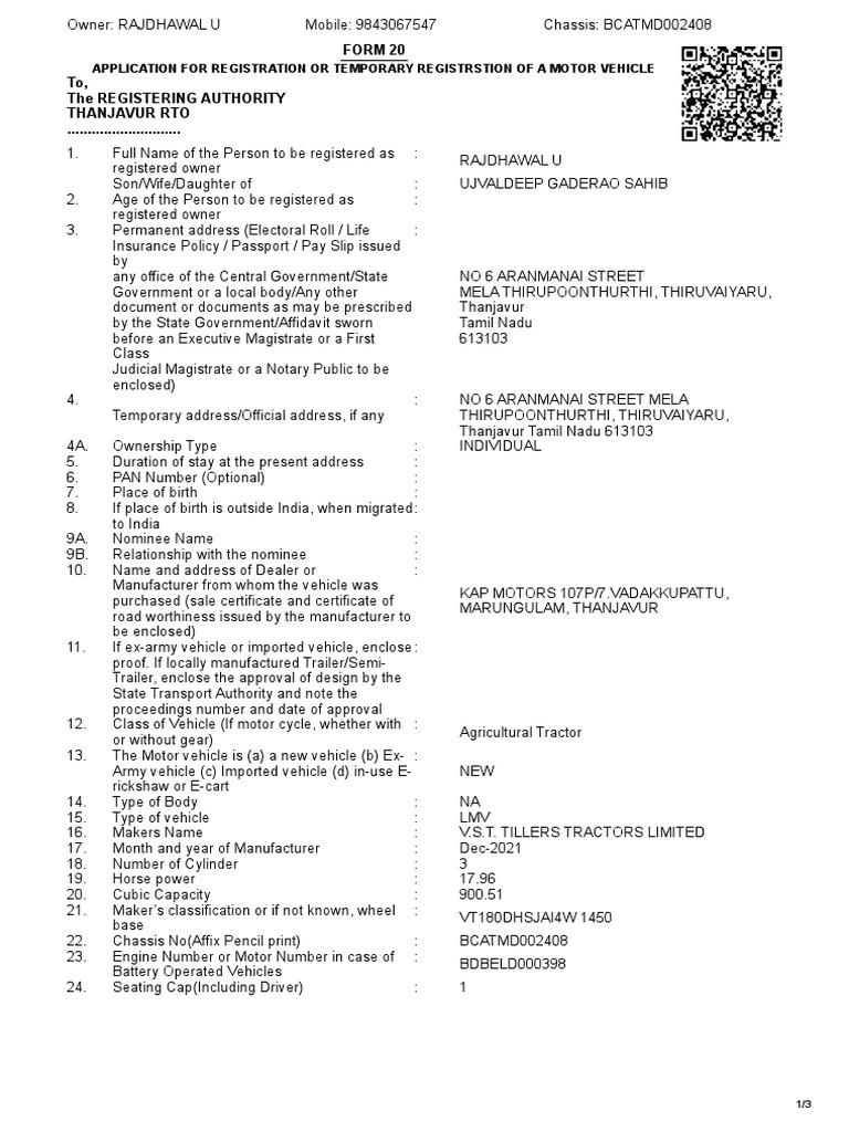 Form 20 To, The Registering Authority Thanjavur Rto ...