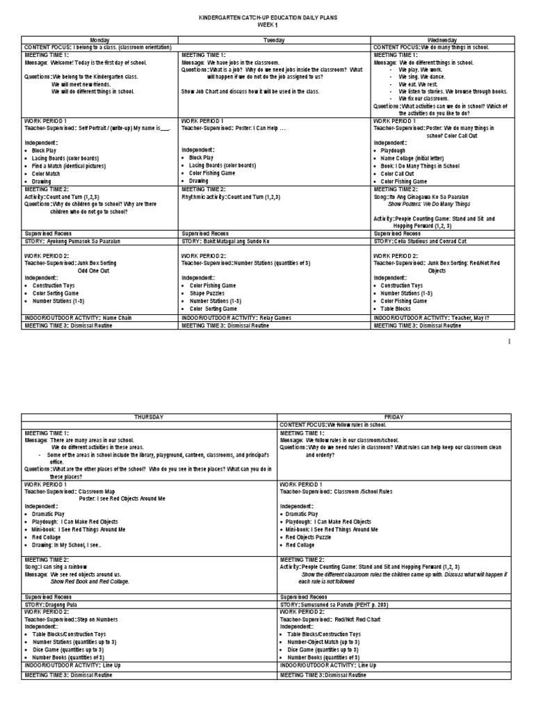 Kindergarten Week 1 Activities | PDF | Drawing | Classroom