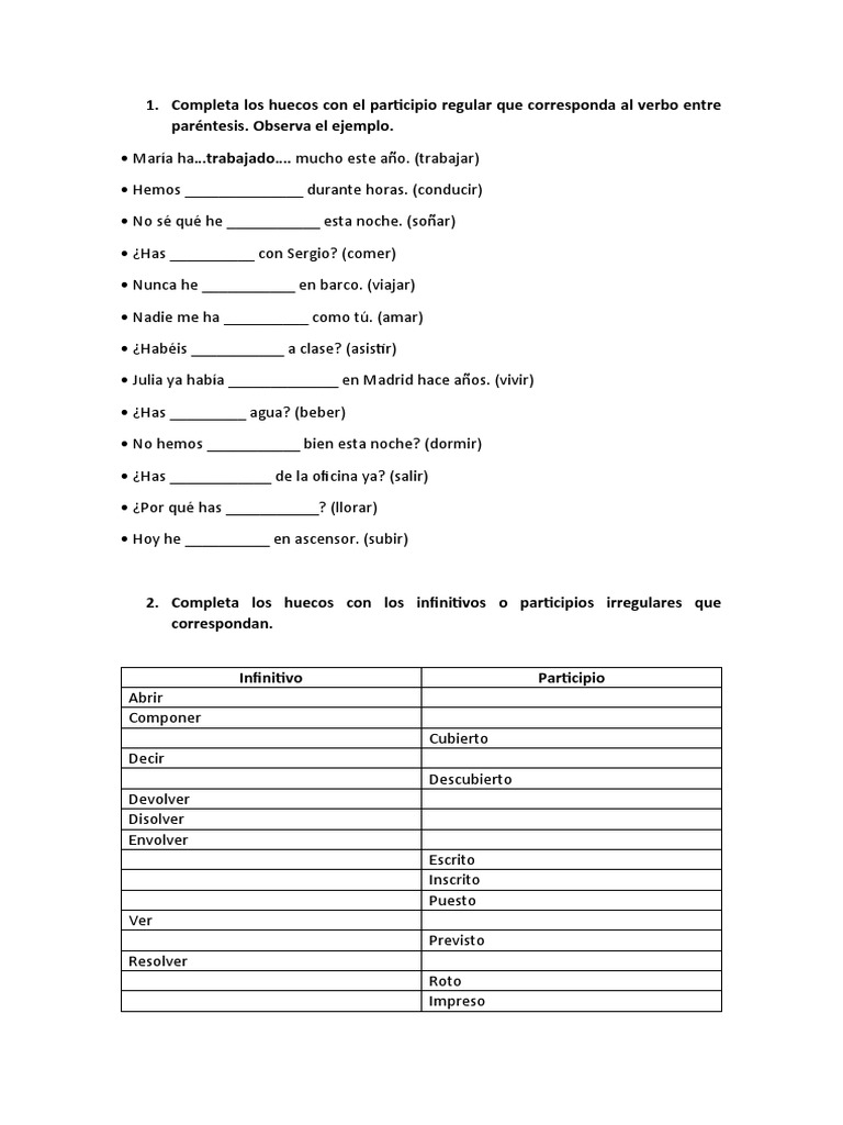 Hoja De Trabajo De Participios Con Respuestas Ejercicios Con El