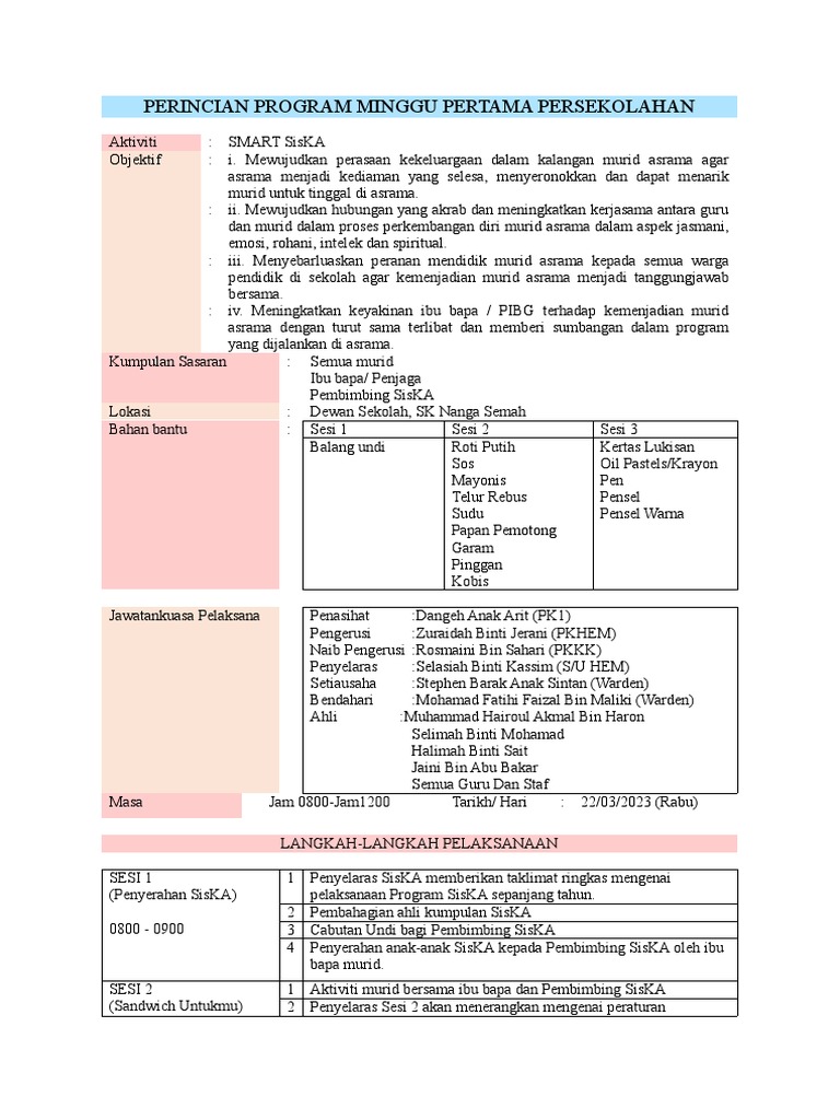 Perincian Program Minggu Pertama Persekolahan | PDF