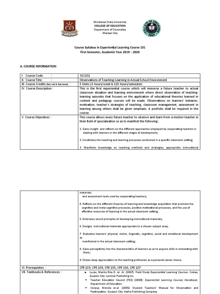 Course Syllabus in ELC 101 | PDF | Learning | Teachers