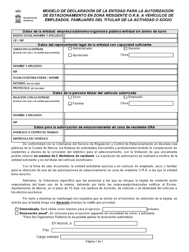 Declaración Autorización Estacionamiento Zona Residente ORA Vehículos ...