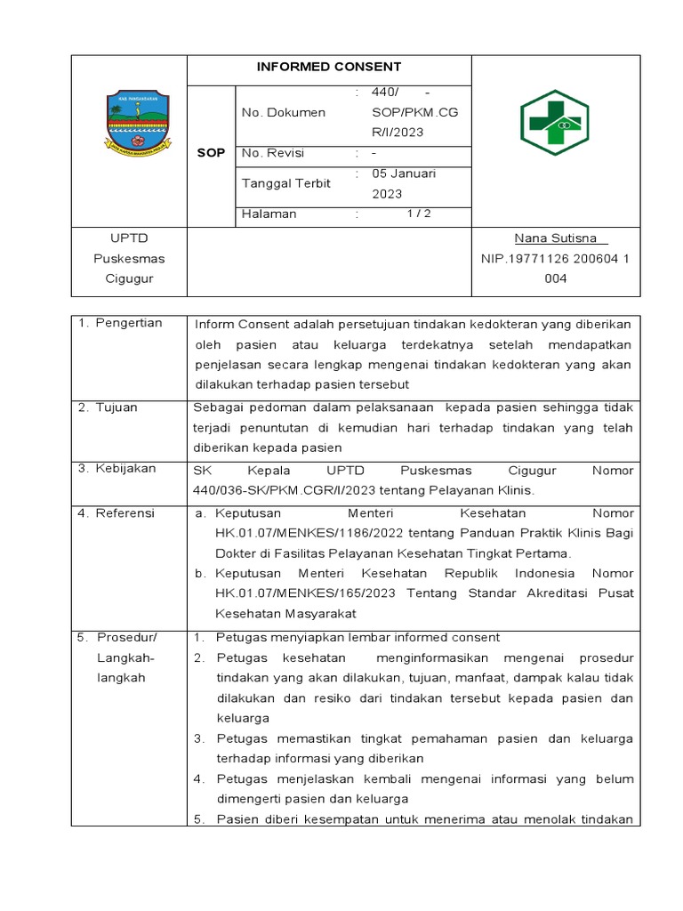 SOP Informed Consent Puskesmas | PDF | Pengembangan Diri | Sains & Matematika