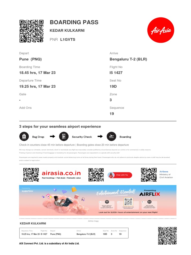 Boarding Pass (PNQ BLR) | PDF