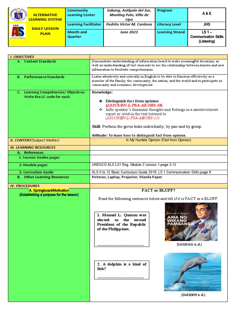 LS1 Eng. DLP-JHS (Fact or Opinion) | PDF