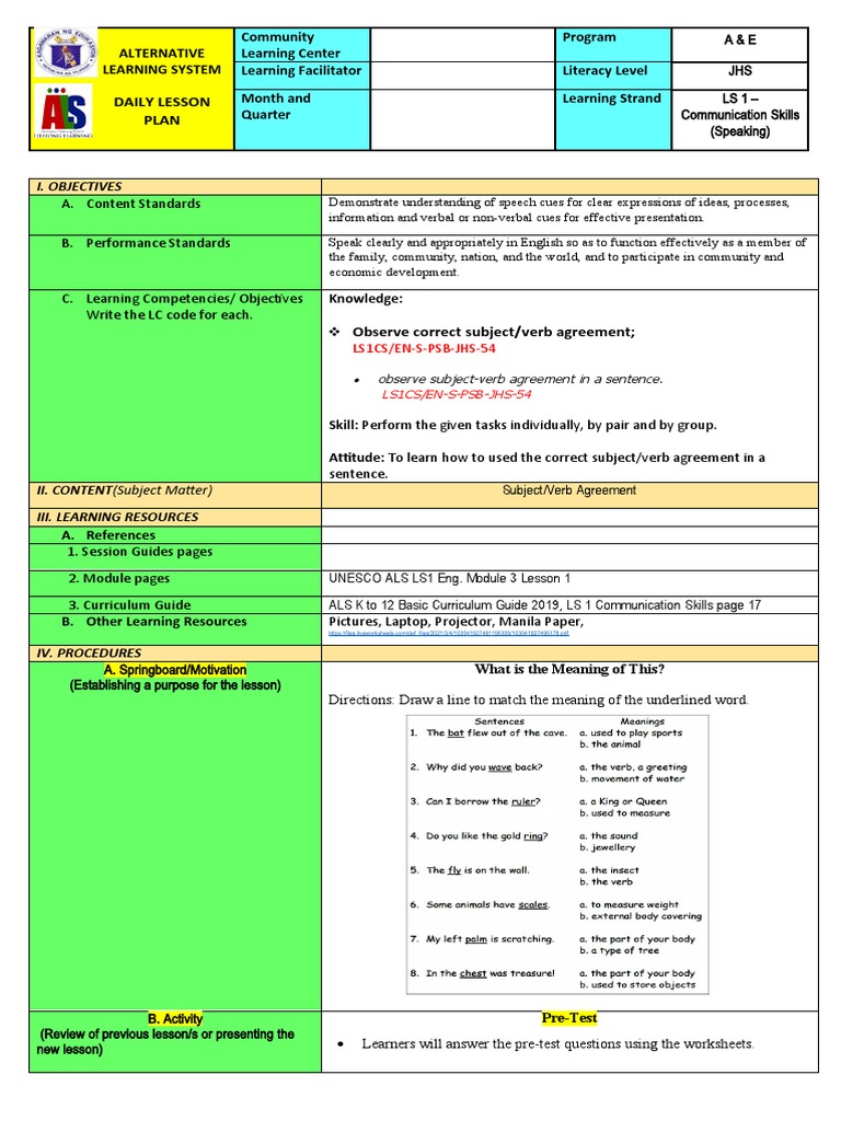 LS1 Eng. DLP-JHS (Subject-Verb Agreement) | PDF | Subject (Grammar ...