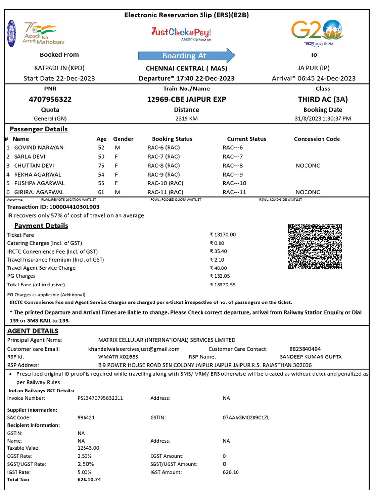 12969-Cbe Jaipur Exp Third Ac (3A) : Start Date 22-Dec-2023 Arrival 06: ...