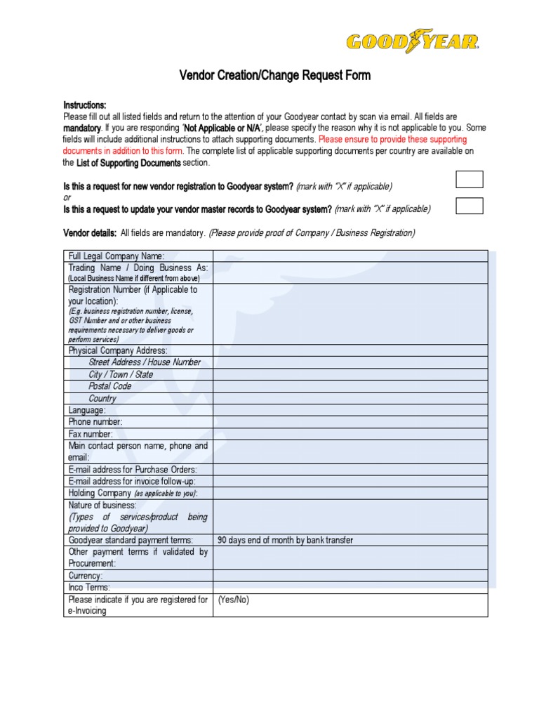Goodyear Vendor Creation Form Apac2 | PDF | Value Added Tax | Email Address