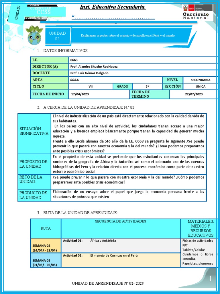 5º Unidad 2 Ccss - 2023 | PDF | Aprendizaje | Perú