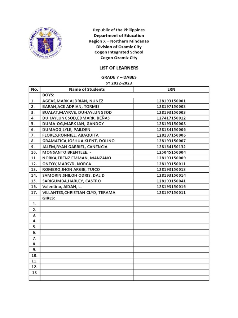 List of Grade 8 Students | PDF