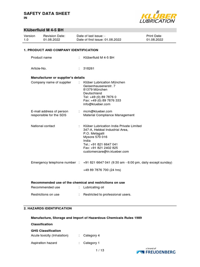 Klueberfluid m4 - 5, m4-30 Msds | PDF | Chemistry | Occupational Safety And Health