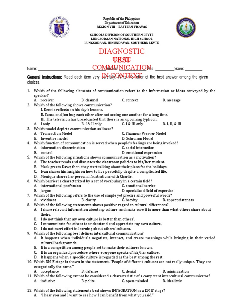 Diagnostic Test Oral Comm | PDF | Communication | Human Communication