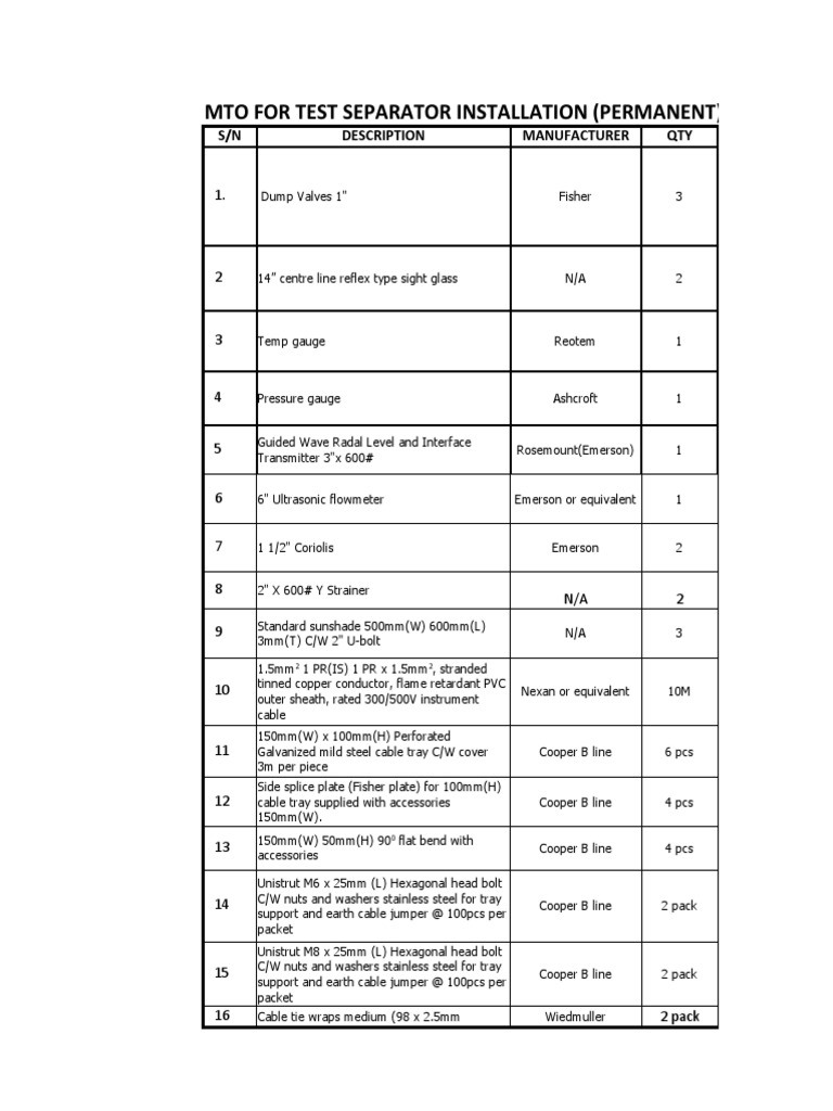 MTO For Test Separator - New | PDF