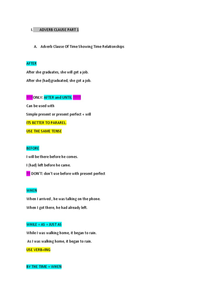 Adverb Clauses: Time, Cause, Contrast | PDF | Adverb | Linguistics