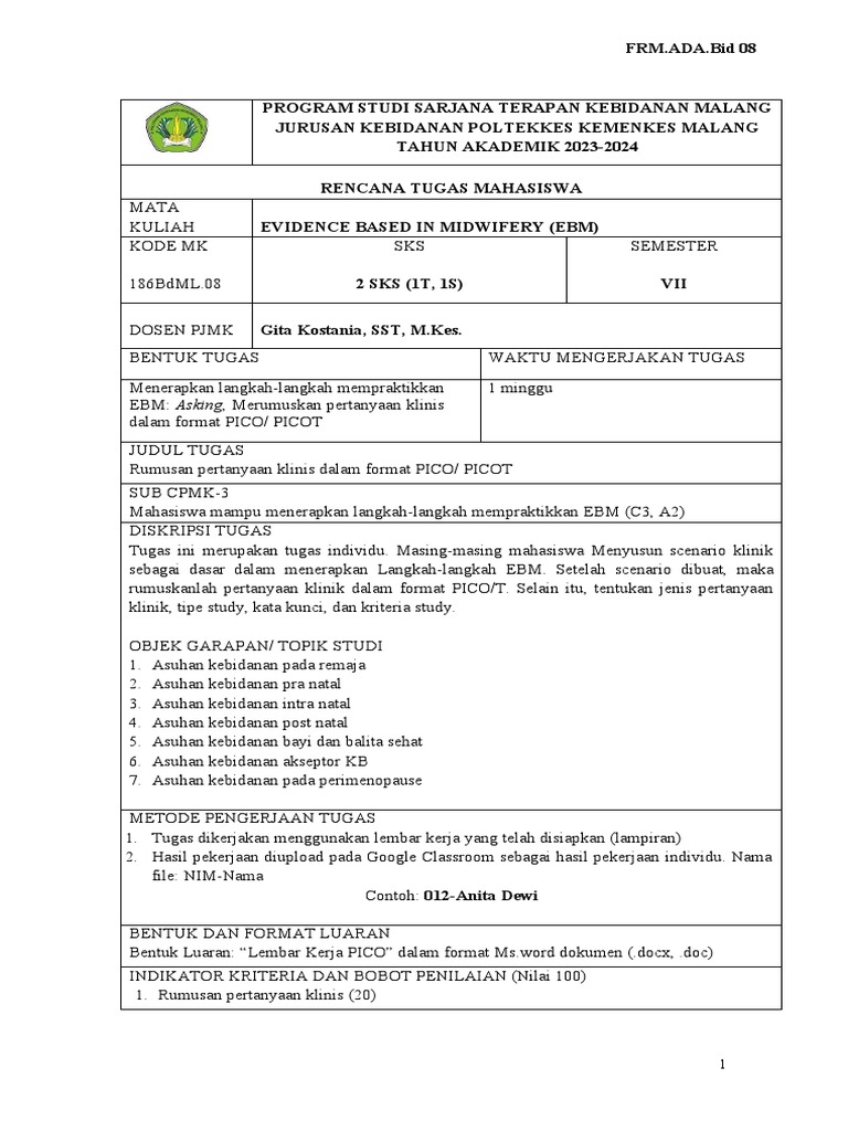T1-Rencana Tugas EBM - Rumusan PICO | PDF