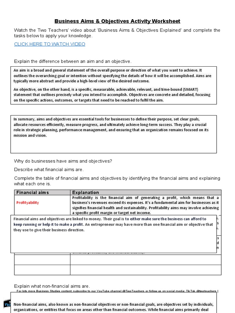 Business Aims & Objectives Worksheet | PDF | Career & Growth | Business