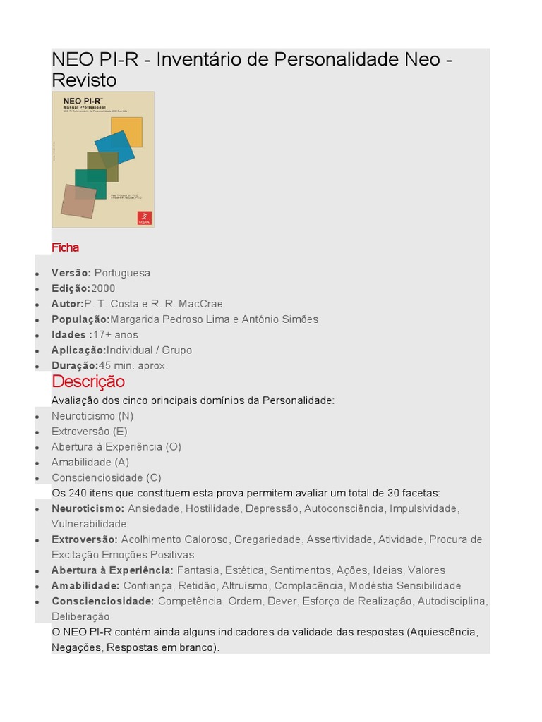 NEO PI-R - Inventário de Personalidade Neo - Revisto | PDF | Conceitos psicológicos | Psicologia
