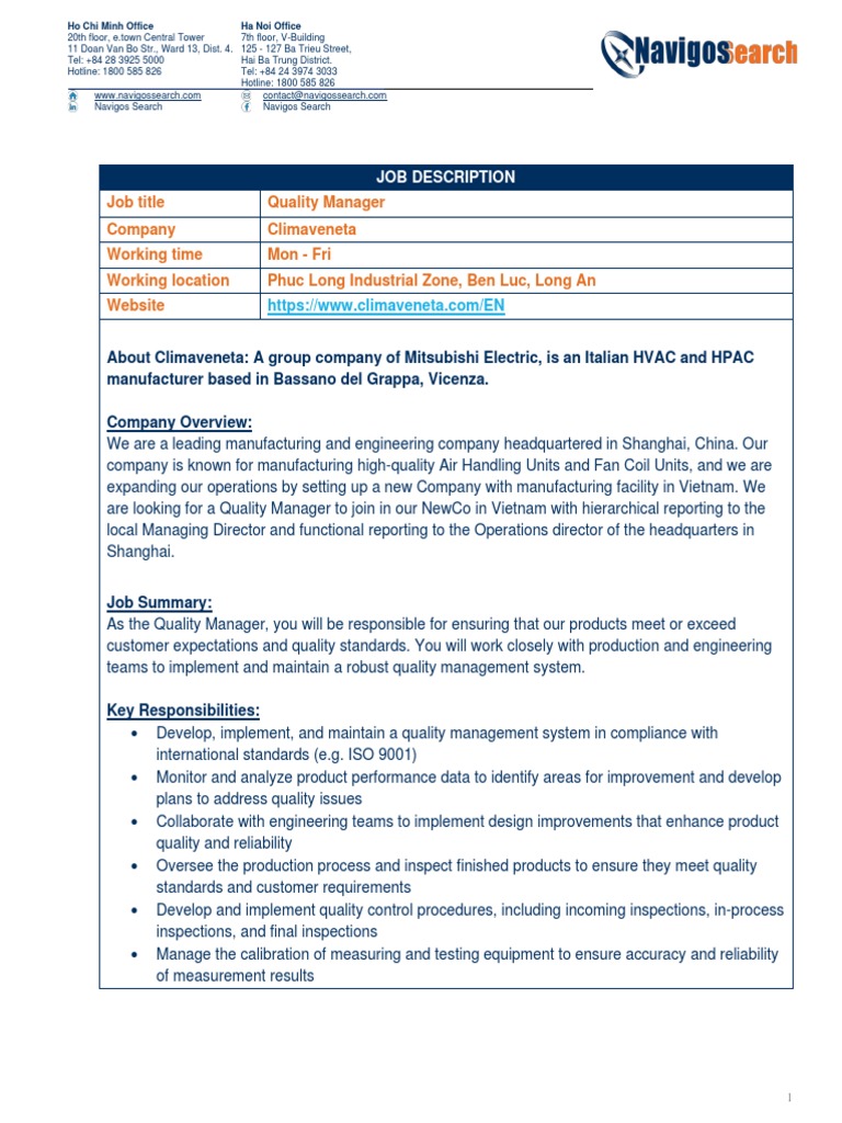 JD - Climaveneta - Quality Manager | PDF