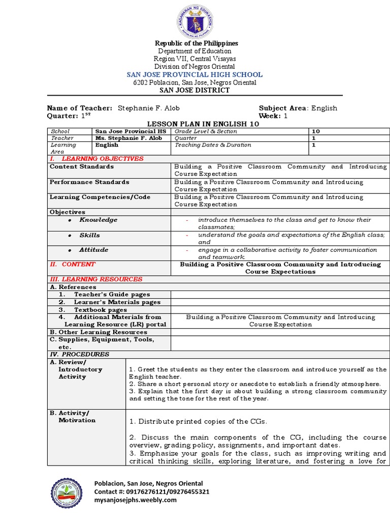 1st Day of School LESSON PLAN | PDF | Teachers | Learning
